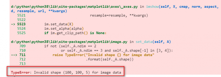 Python错误集锦:matplotlib imshow()方法显示图像提示:TypeError: Invalid shape (100 ... Python错误集锦:matplotlib imshow()方法显示图像提示:TypeError: Invalid shape (100 ...